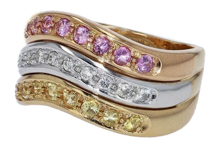 Modernist Multi Color Sapphire and Diamond Trinity Ring Wedding Band ...