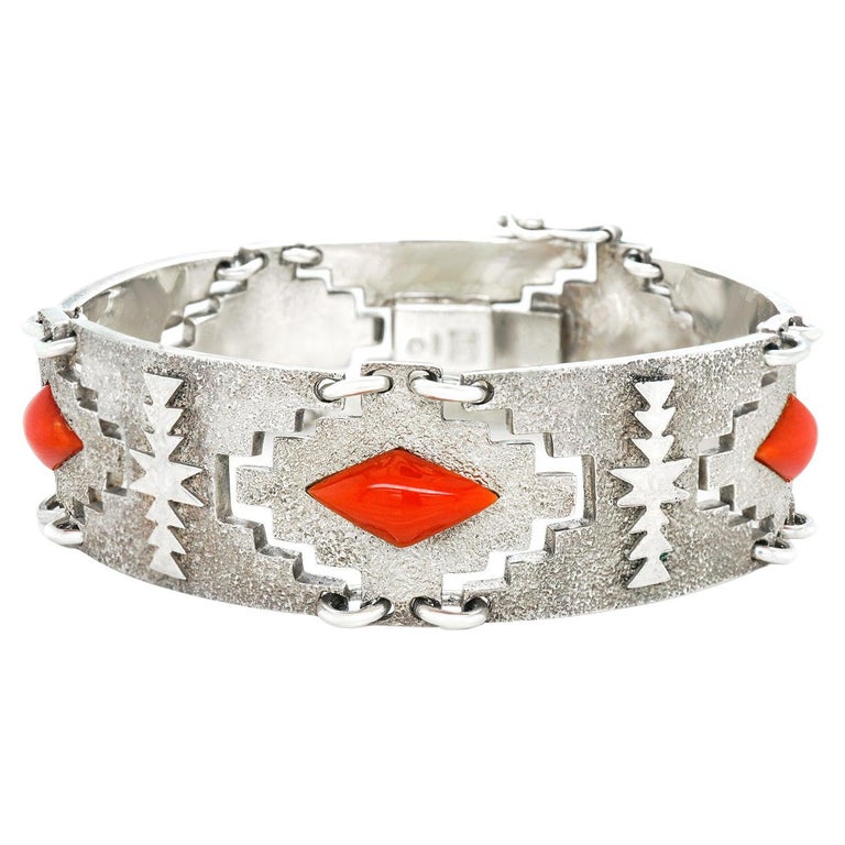 Modernist Navajo Coral and Sterling Bracelet by Harvey Begay at 1stDibs