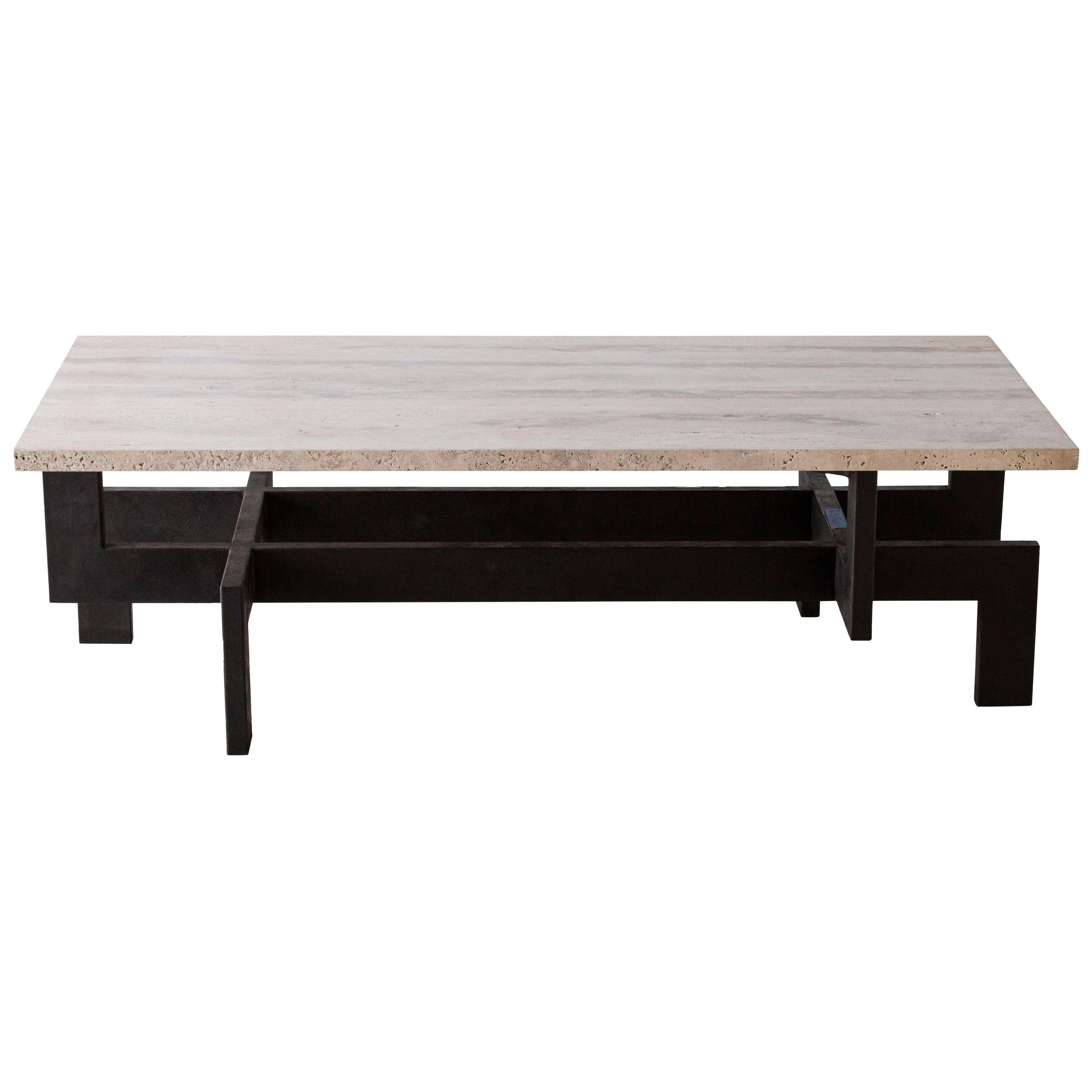 Modernist Patinaed Steel Coffee Table with Open Travertine Top at 1stDibs