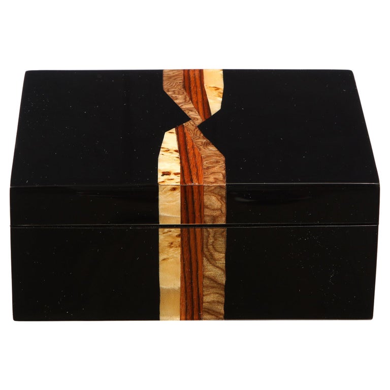 Modernist Rectangular Lacquer Box w/ Burled Elm, Burled Walnut and ...