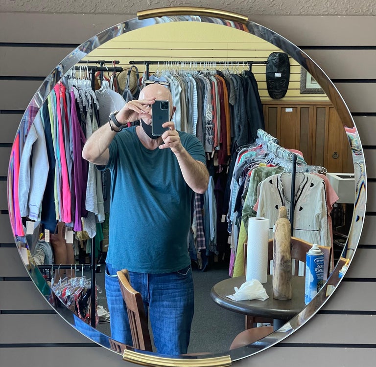 Modernist Round Mirror with Bronze Accents by Milo Baughman for Thayer ...