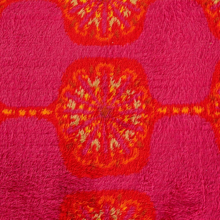 Modernist Rya Shag Carpet, Stylized Red and Orange Florals on a Fuchsia ...