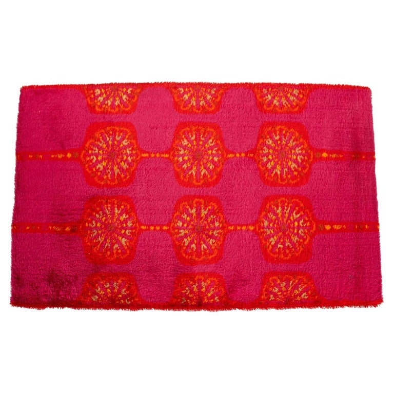 Modernist Rya Shag Carpet, Stylized Red and Orange Florals on a Fuchsia ...