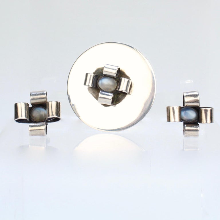 Modernist Sam Kramer Moonstone and Sterling Silver Demiparure Brooch ...