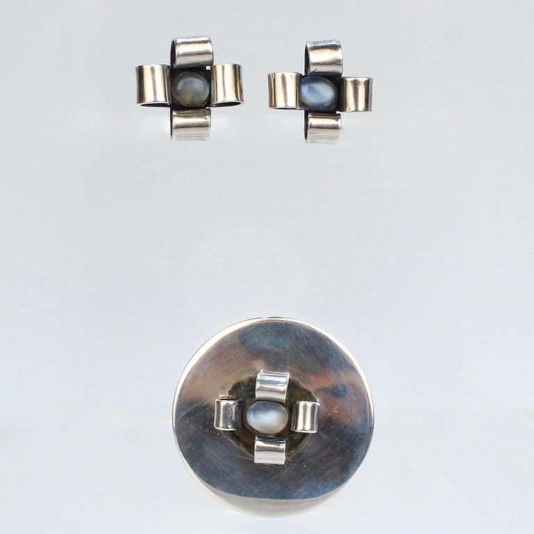 Modernist Sam Kramer Moonstone and Sterling Silver Demiparure Brooch ...