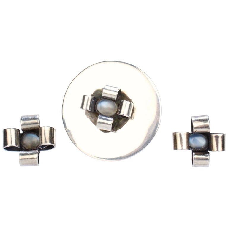 Modernist Sam Kramer Moonstone and Sterling Silver Demiparure Brooch ...