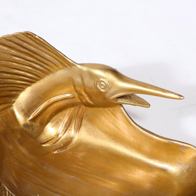 Modernist Sculptural Gilded Dish with Swordfish Motif in Relief For ...
