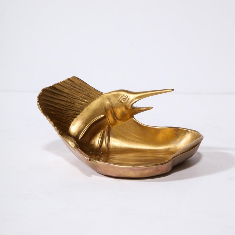 Modernist Sculptural Gilded Dish with Swordfish Motif in Relief For ...