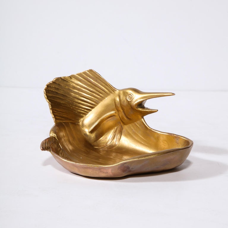 Modernist Sculptural Gilded Dish with Swordfish Motif in Relief For ...