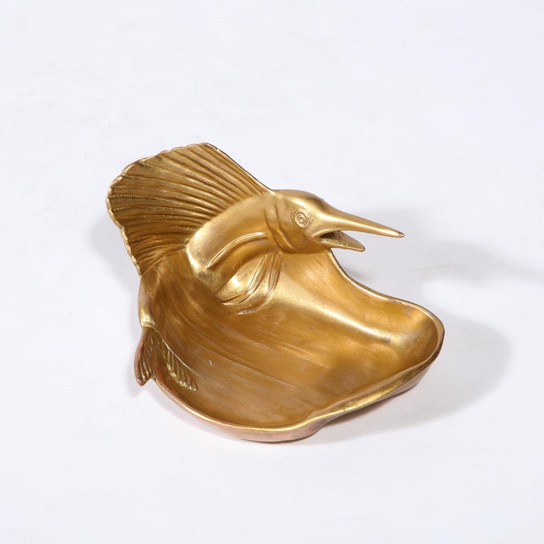 Modernist Sculptural Gilded Dish with Swordfish Motif in Relief For ...
