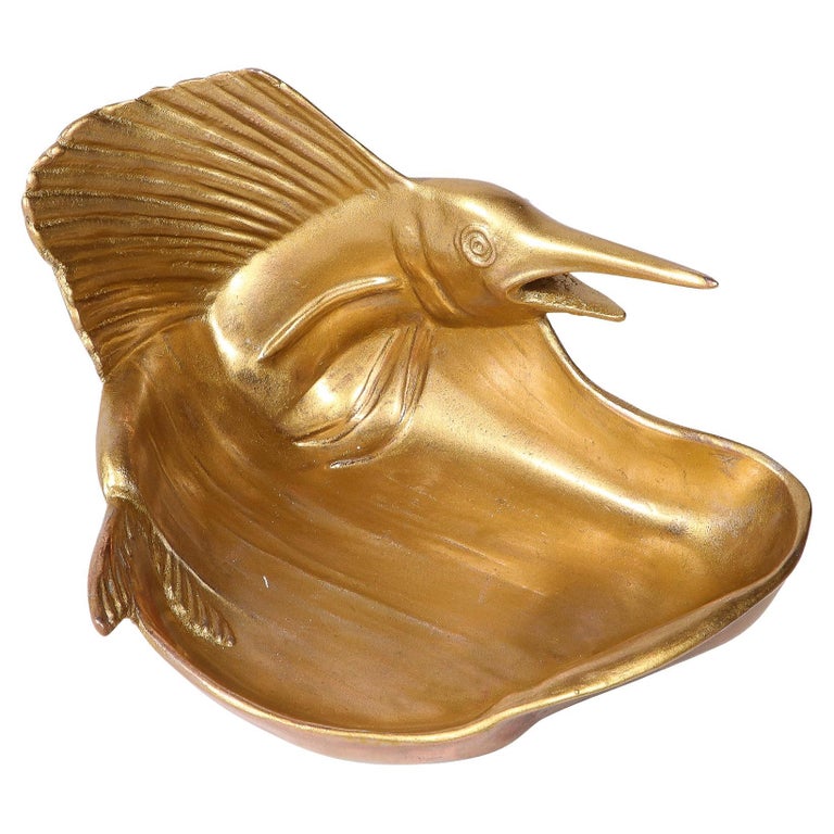 Modernist Sculptural Gilded Dish with Swordfish Motif in Relief For ...