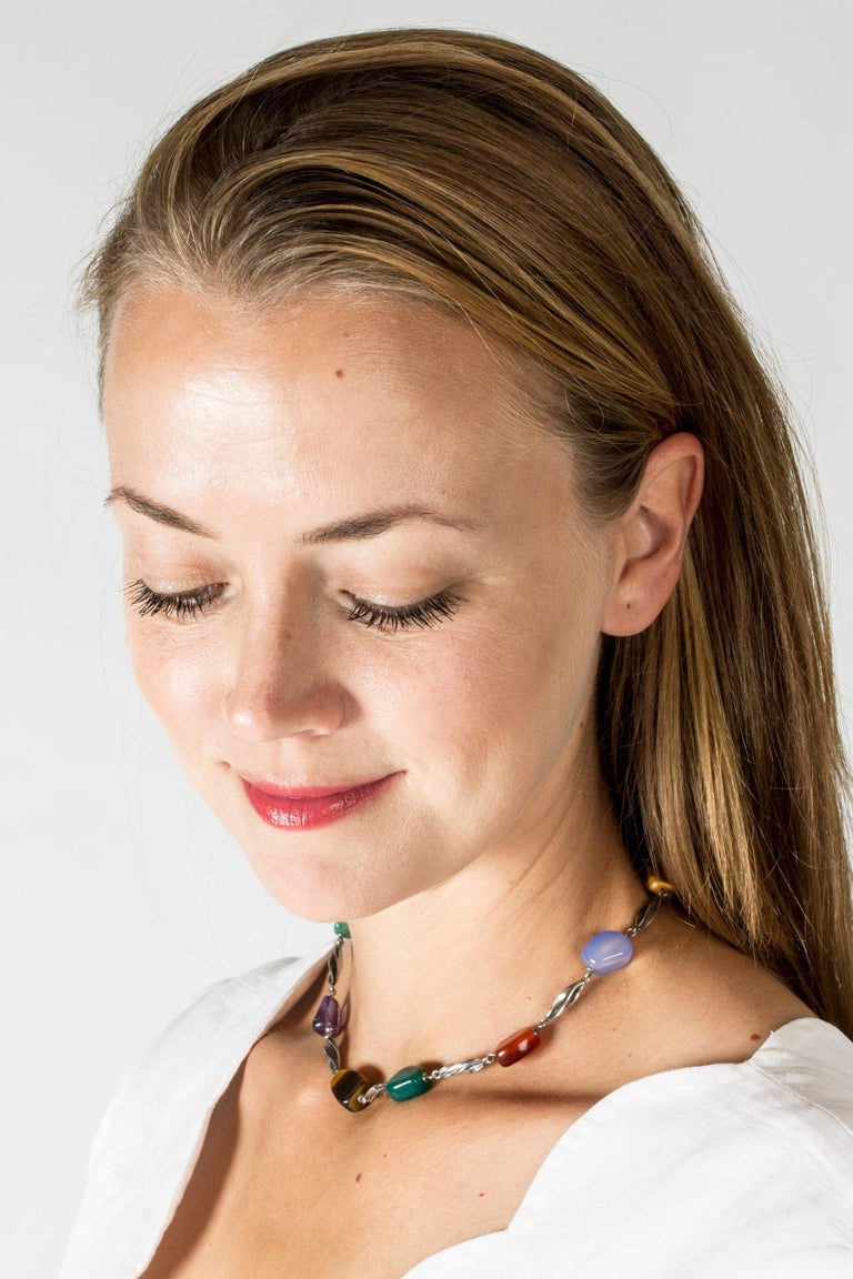 Modernist Silver Collier with Semiprecious Stones, Sweden, 1960s at 1stDibs