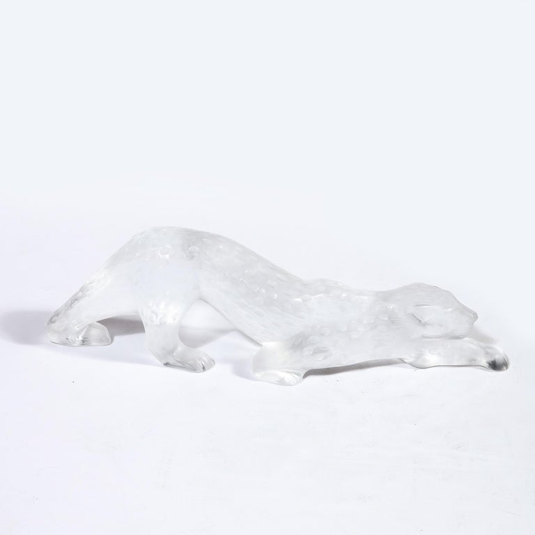 Modernist Spotted Stalking Leopard in Frosted Crystal Signed by Lalique ...
