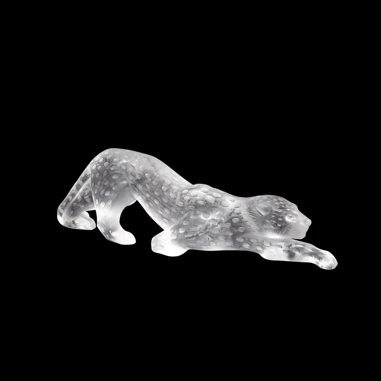 Modernist Spotted Stalking Leopard in Frosted Crystal Signed by Lalique ...