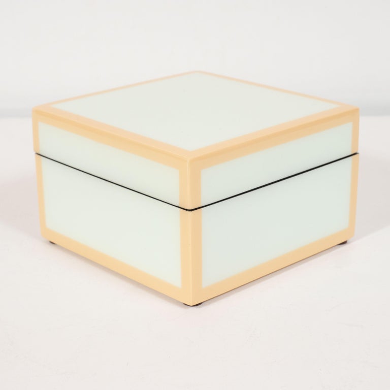 Modernist Square Lacquered Square Box in Pale Celadon with Tan Accents ...