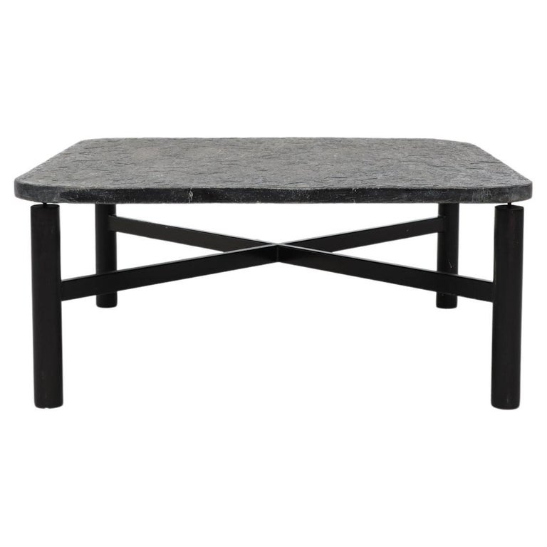 Modernist Square Stone Coffee Table With Metal X-Base For Sale at 1stDibs