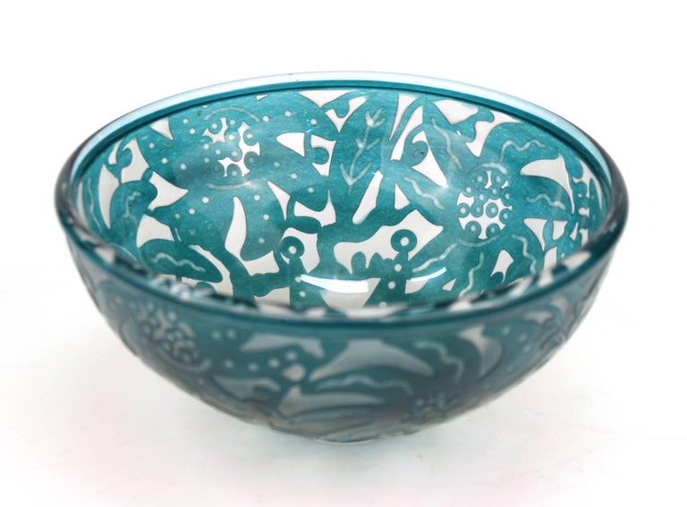 Modernist Studio Art Glass Bowl with Floral Pattern For Sale at 1stDibs