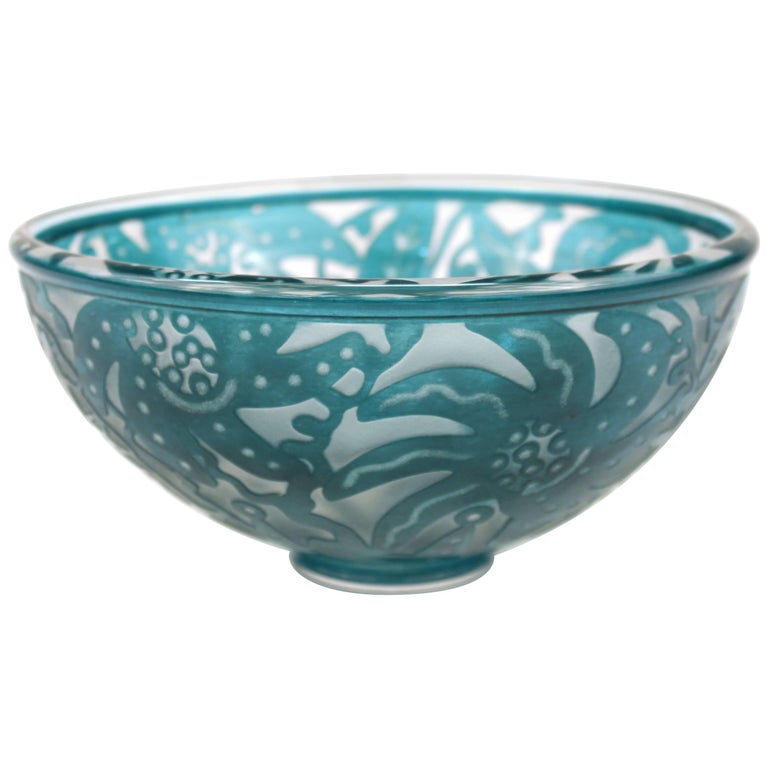 Modernist Studio Art Glass Bowl with Floral Pattern For Sale at 1stDibs