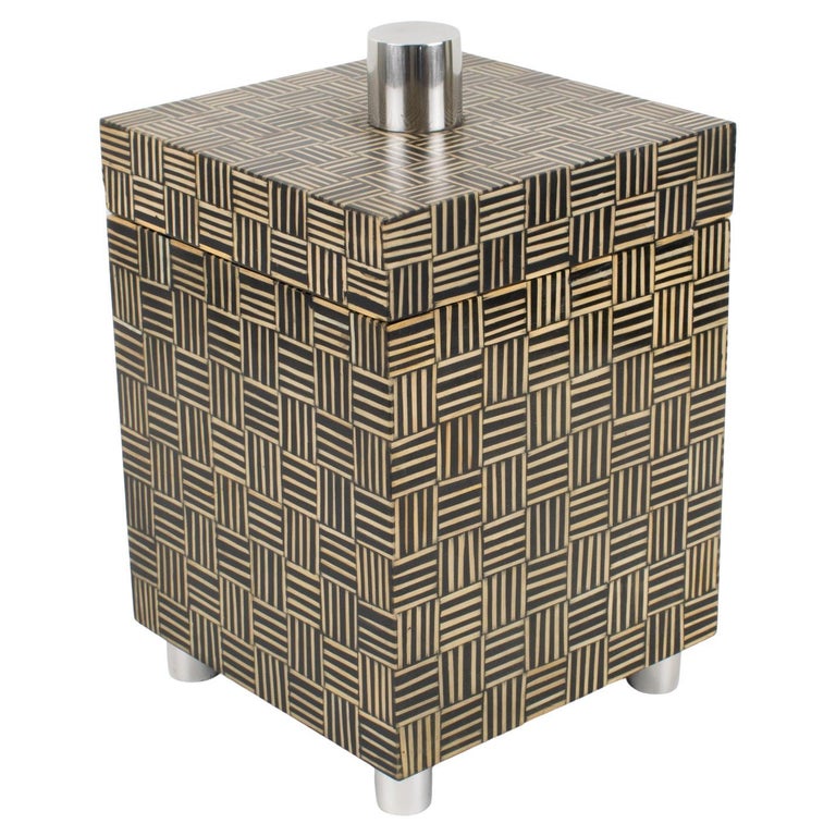 Modernist Tall Box with Wood Marquetry Patchwork, 1970s For Sale at 1stDibs