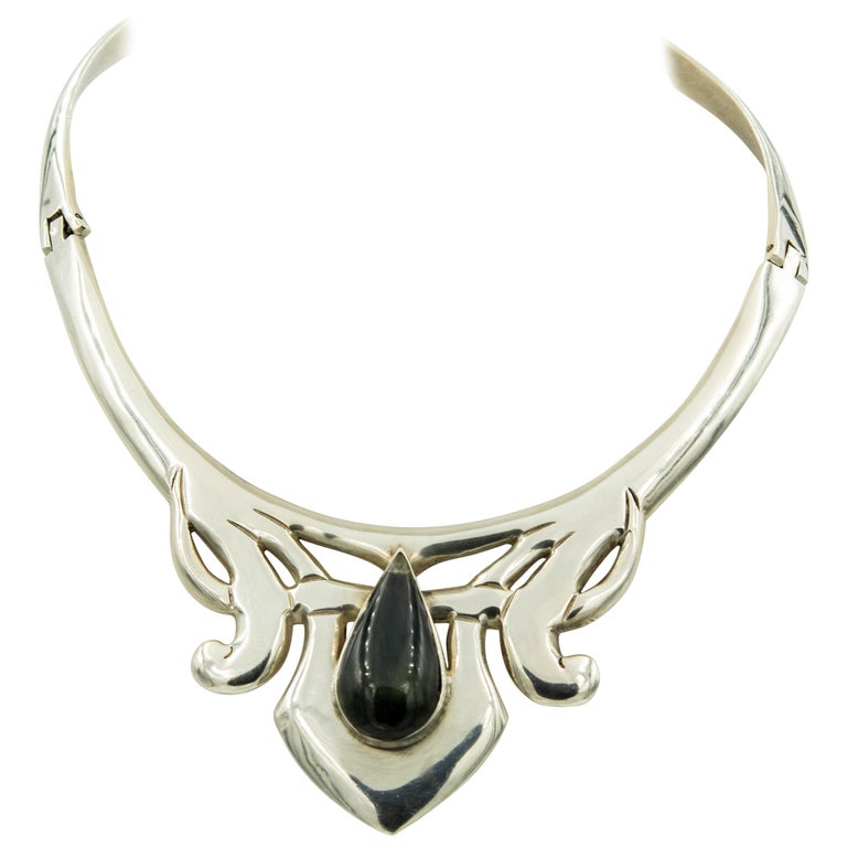 Modernist Taxco Mexican Sterling Silver Collar Necklace By Alicia De La