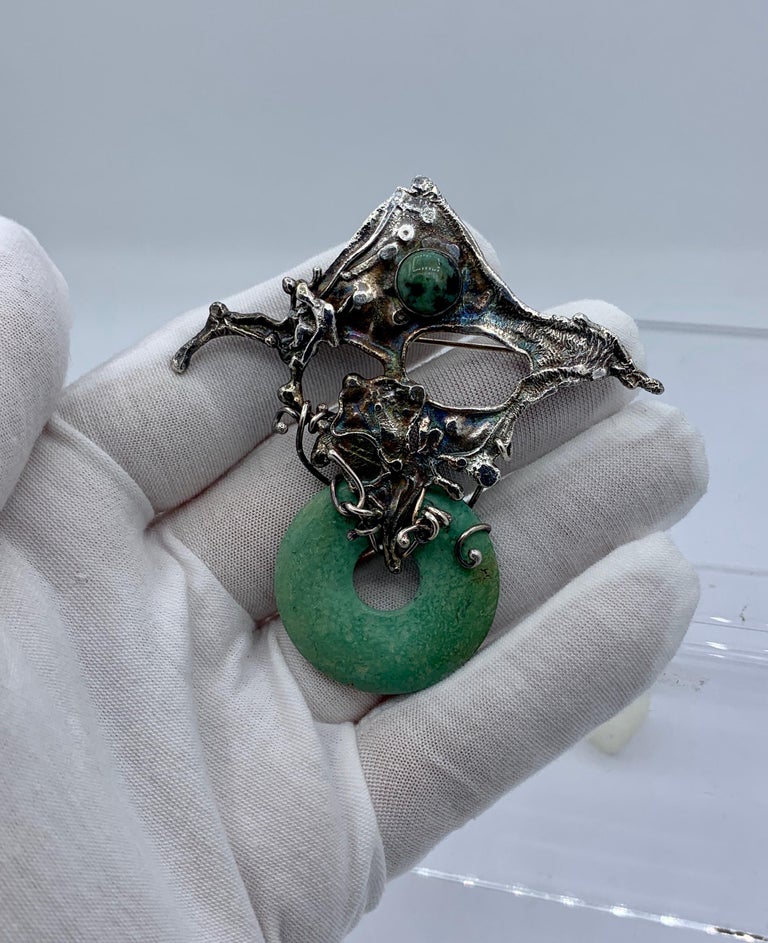Modernist Turquoise Brooch Pin Silver Brutalist Modern Art For Sale at ...