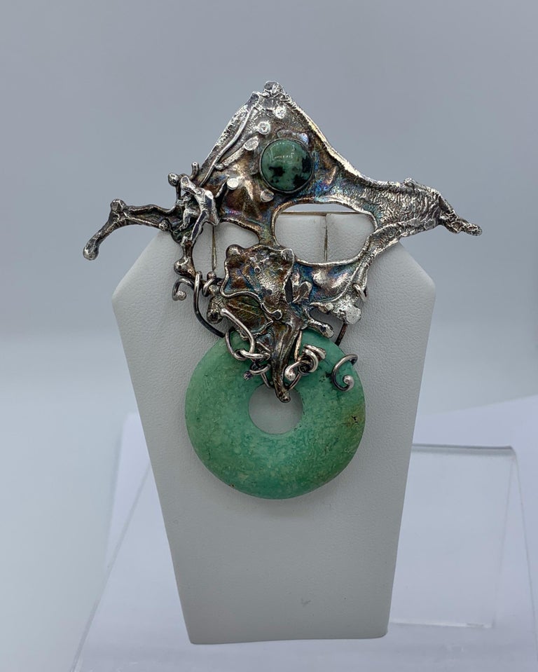 Modernist Turquoise Brooch Pin Silver Brutalist Modern Art For Sale at ...
