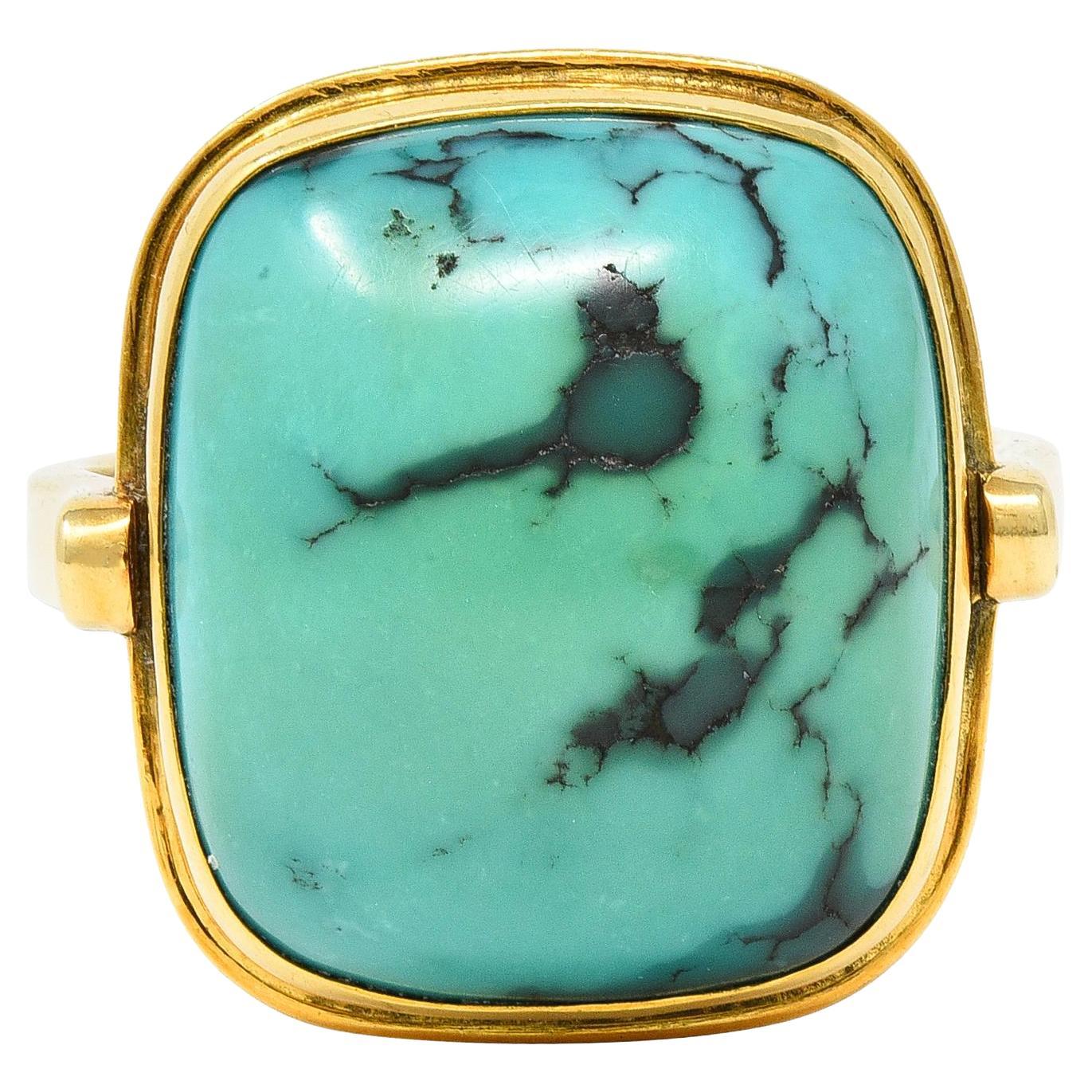 Modernist Turquoise Cabochon 14 Karat Yellow Gold Vintage Signet Ring ...