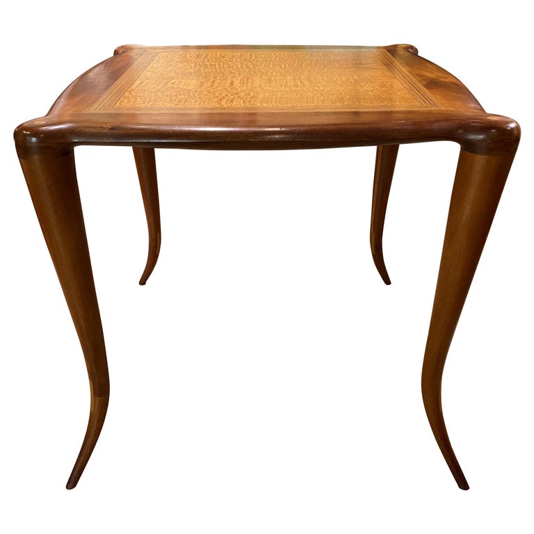 Modernist Walnut Center Table with Turret Corners and Nice Inlay at 1stDibs