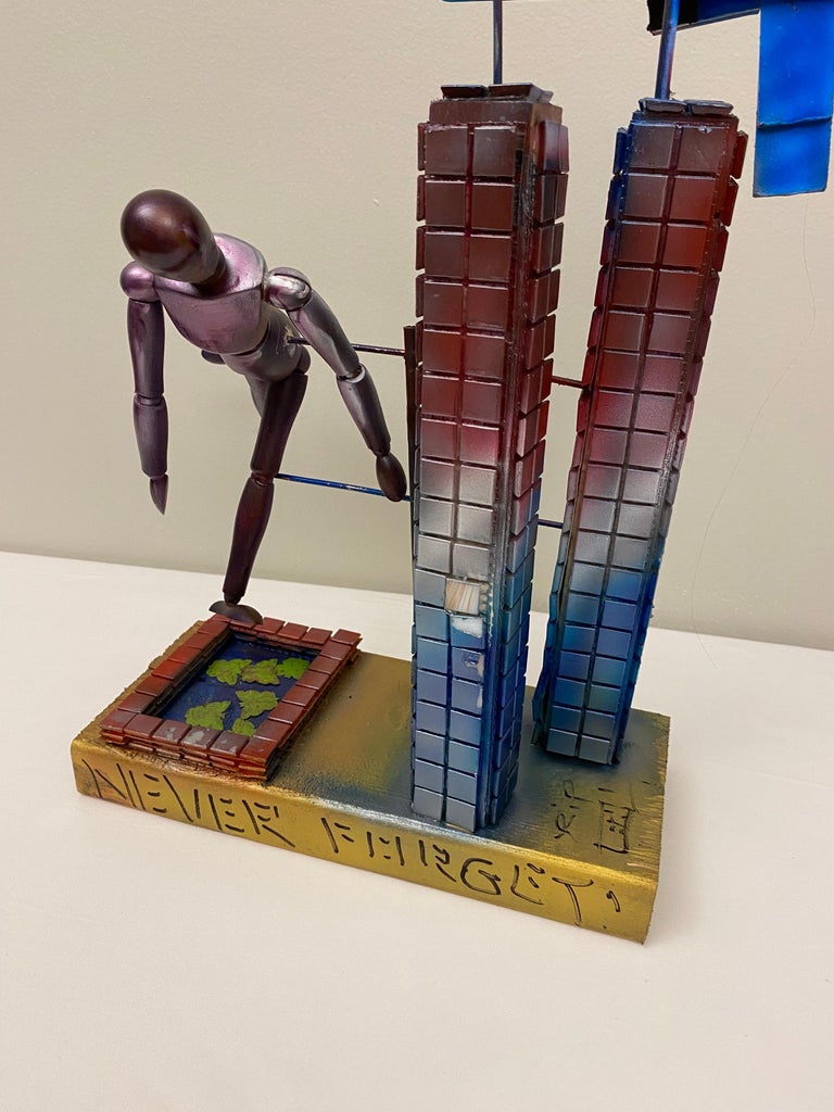 Modernist Wood Sculpture Dedicated to 911 Titled "Never Forget", Signed ...