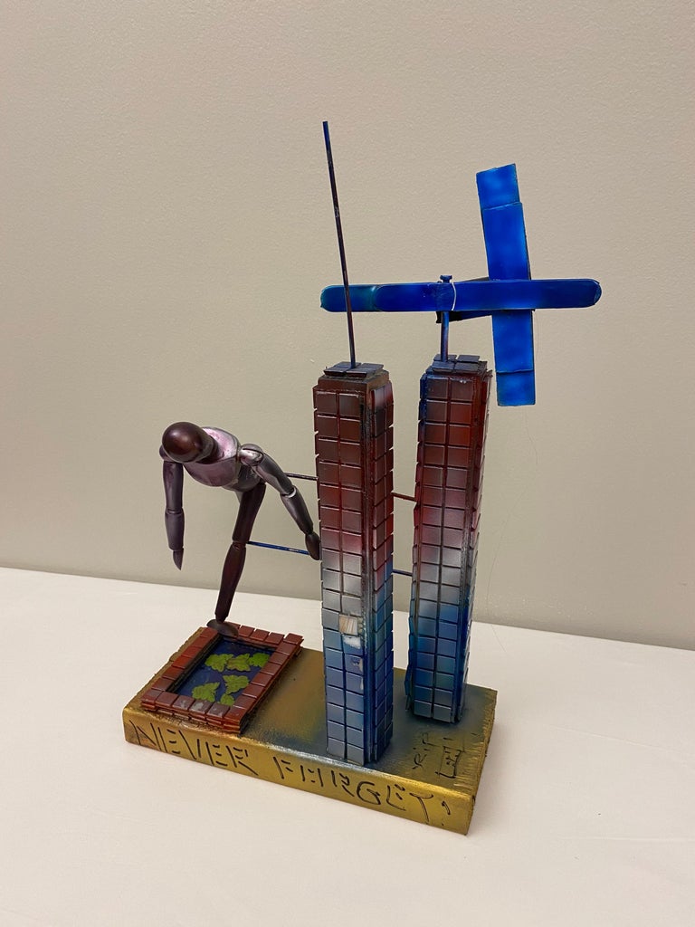 Modernist Wood Sculpture Dedicated to 911 Titled "Never Forget", Signed ...
