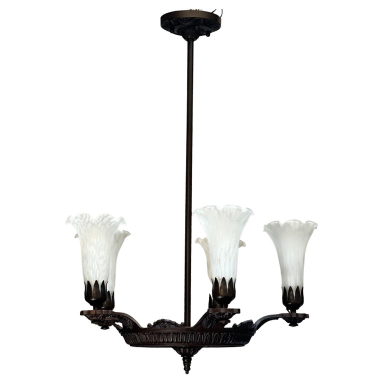 Modernized Vintage 5 Light Chandelier with Tulip Shades For Sale at 1stDibs
