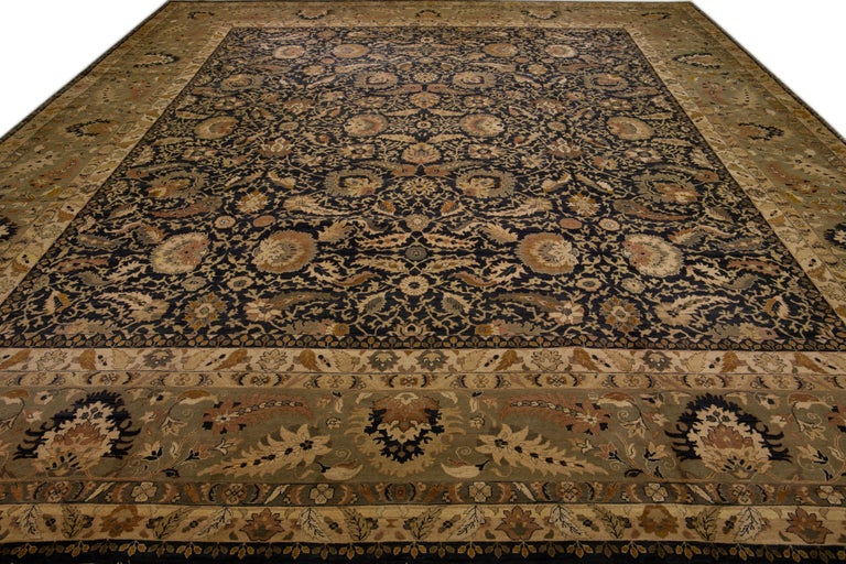 Modern Sultanabad Style Black and Green Wool Rug with Allover Floral ...