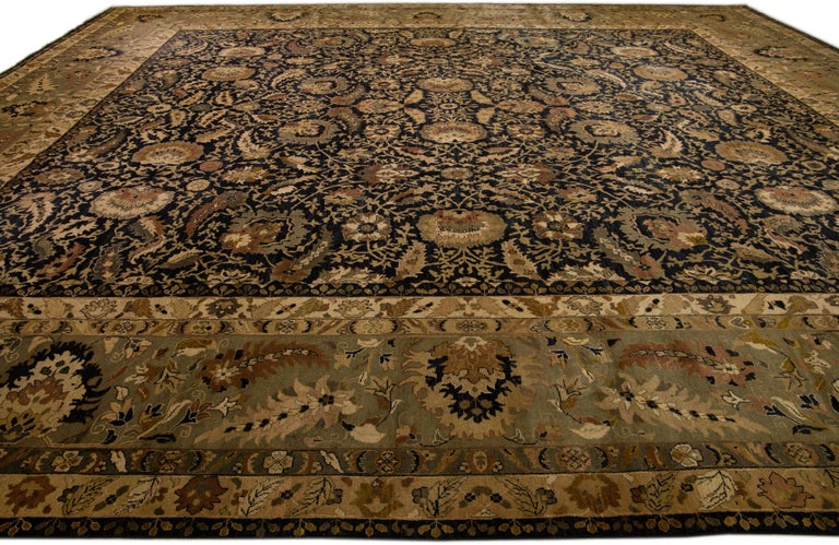 Modern Sultanabad Style Black and Green Wool Rug with Allover Floral ...
