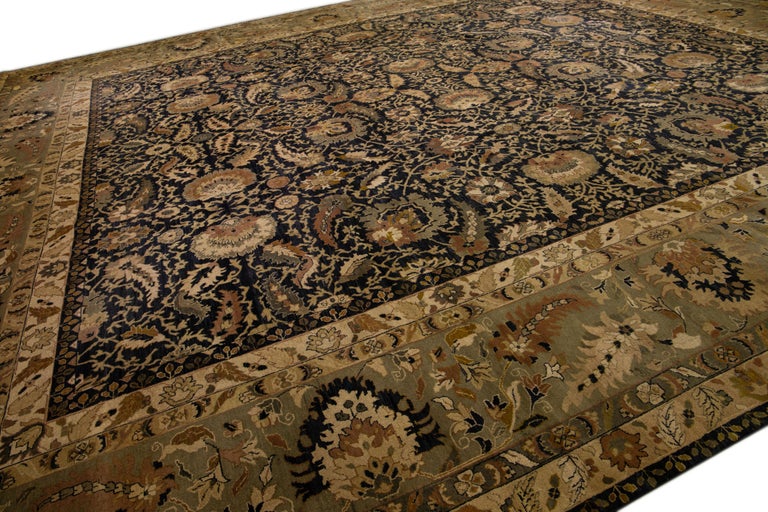 Modern Sultanabad Style Black and Green Wool Rug with Allover Floral ...