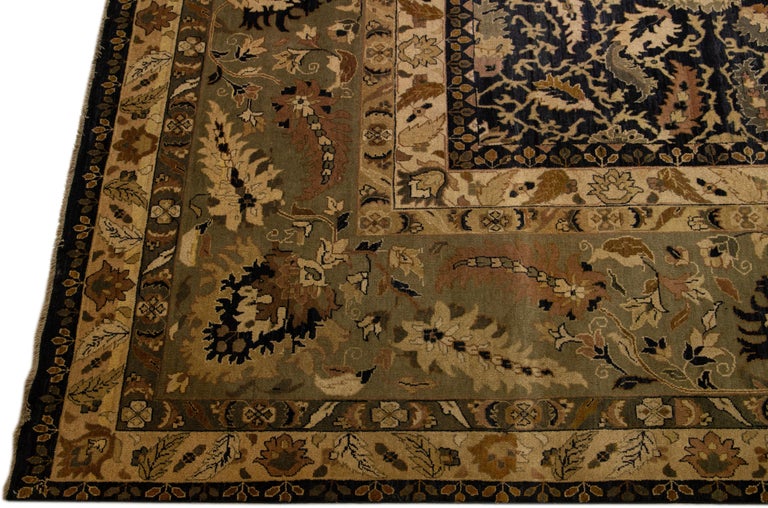 Modern Sultanabad Style Black and Green Wool Rug with Allover Floral ...