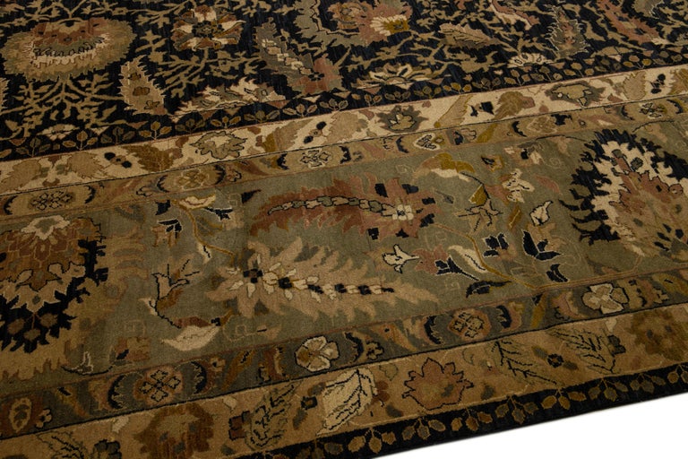 Modern Sultanabad Style Black and Green Wool Rug with Allover Floral ...