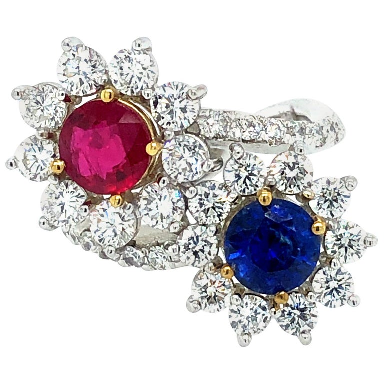 Moi et Toi Sapphire and Ruby Diamonds Ring 18 Karat Gold at 1stDibs
