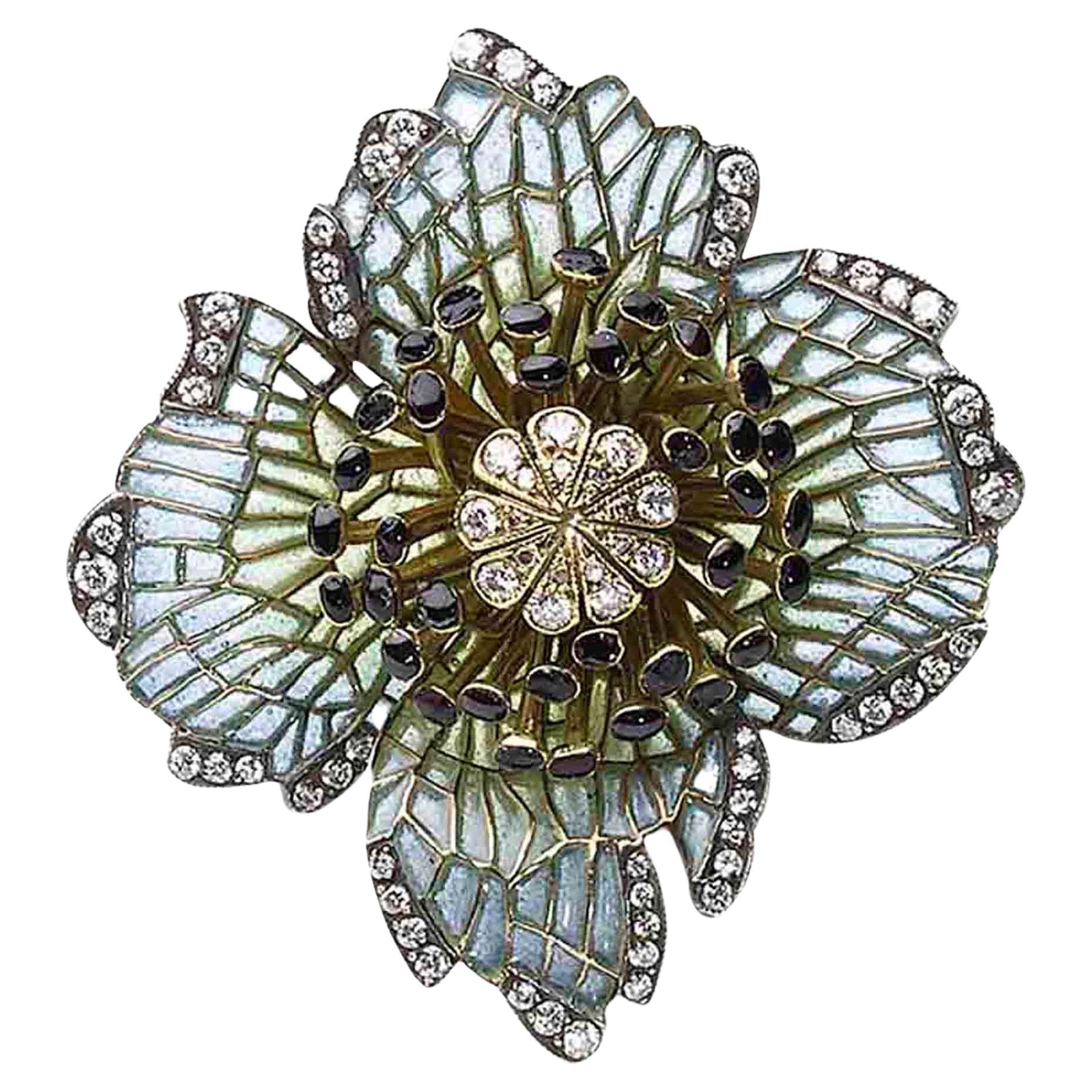 Moira Plique À Jour Enamel, Diamond, Gold And Silver Flower Brooch For ...