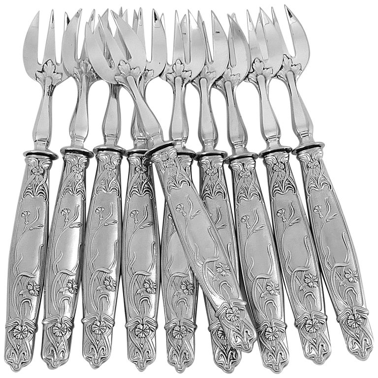 Moise Rare French Sterling Silver Oyster Forks Set, Poppie at 1stDibs