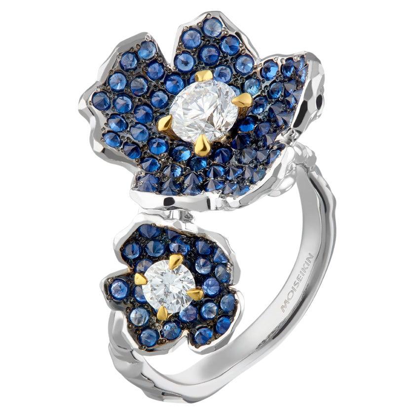 Sapphire Diamond Gold Flower Ring For Sale at 1stDibs