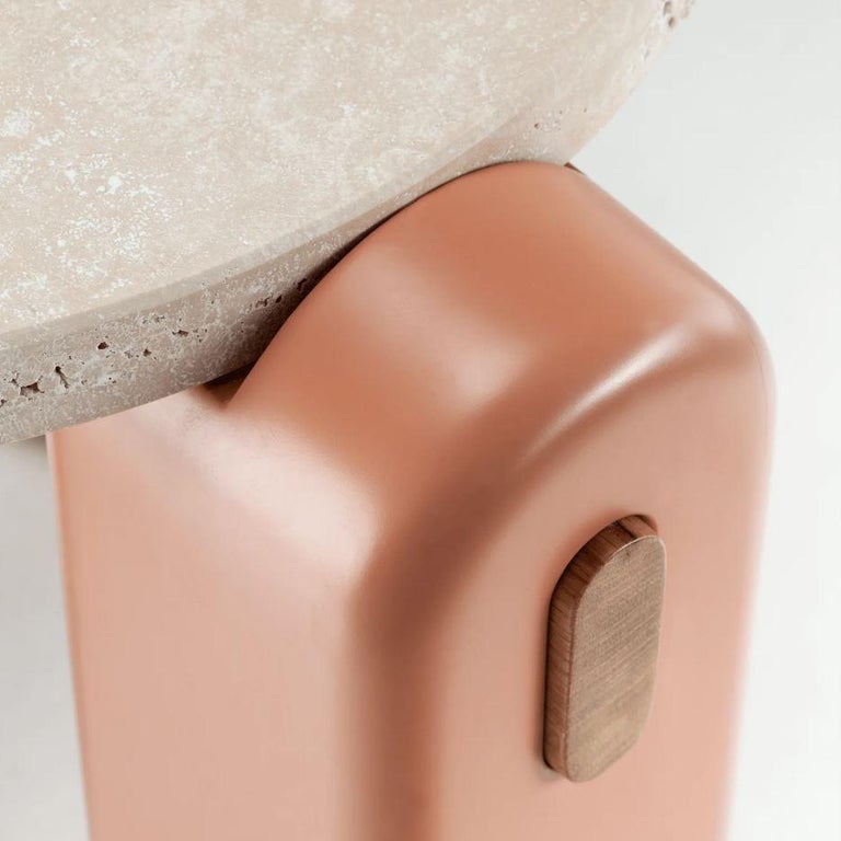 Mona Side Table with Travertine Top, Powder Lacquered Feet and Wood ...