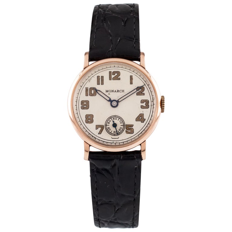 Monarch 14 Karat Rose Gold Round Hand-Wind Vintage Watch with Leather ...
