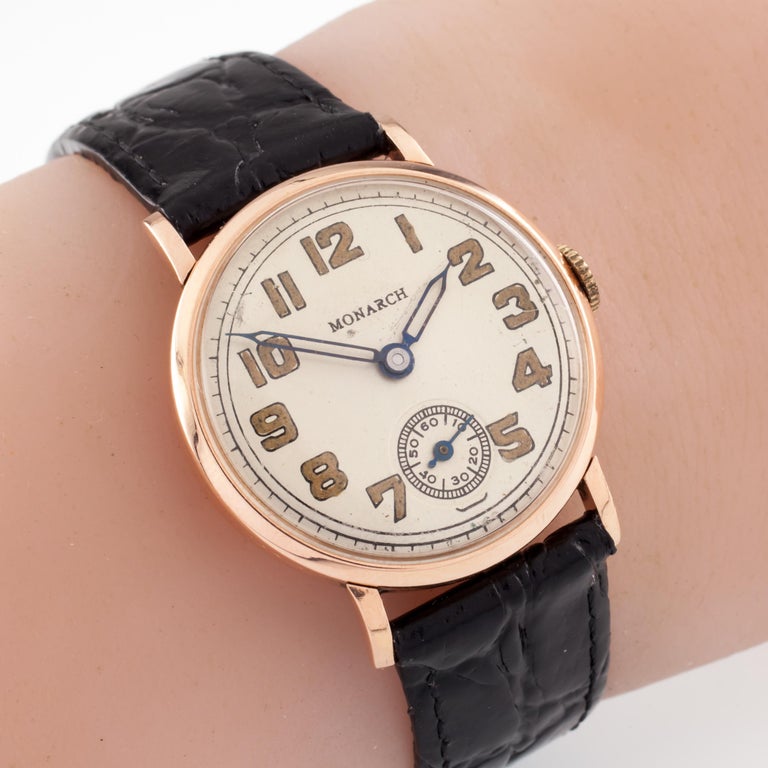 Monarch 14 Karat Rose Gold Round Hand-Wind Vintage Watch with Leather ...