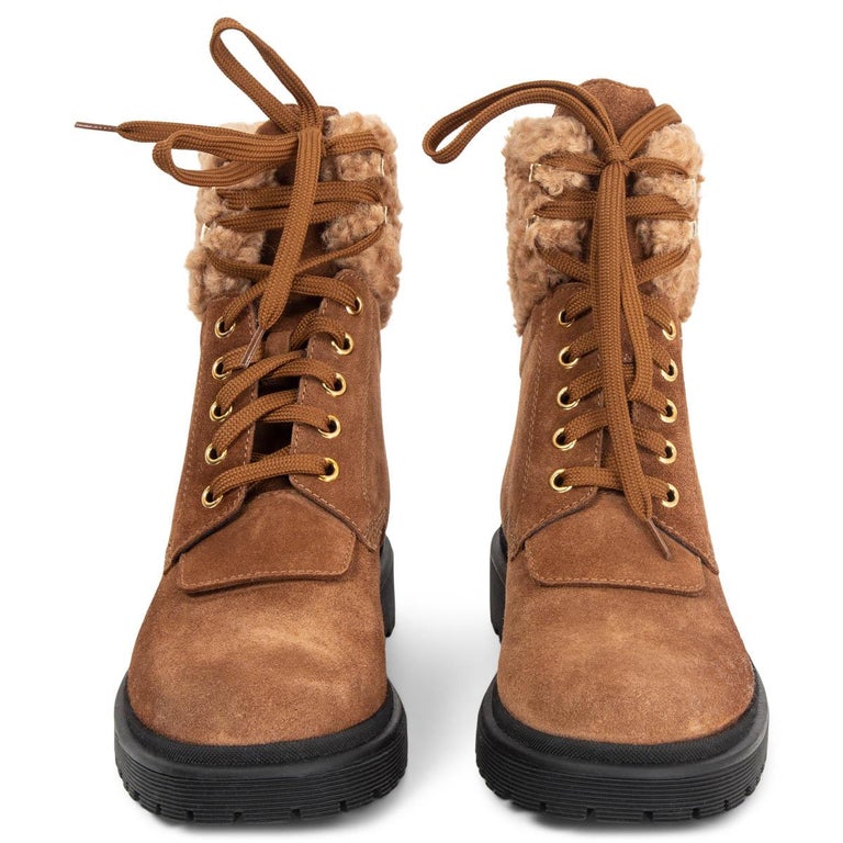 MONCLER brown suede and SHEARLING PATTY Combat Ankle Boots Shoes 38.5 ...