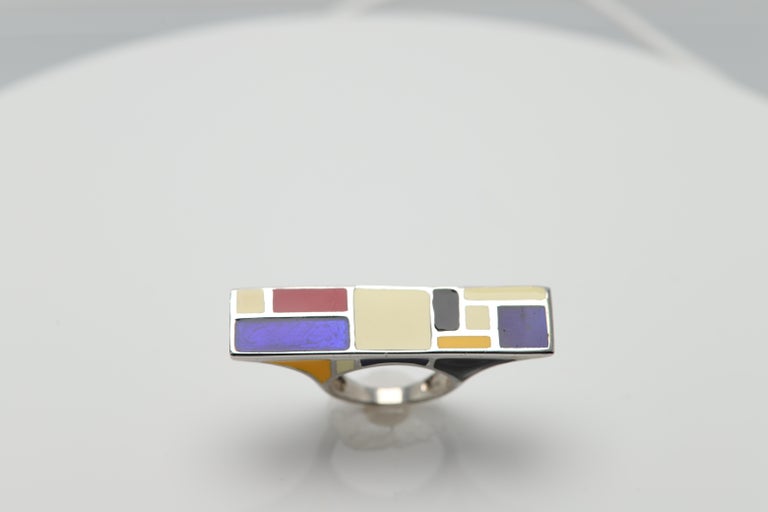 Mondrian Inspired Art Ring Sterling Silver Made in Italy Enamel Fine ...