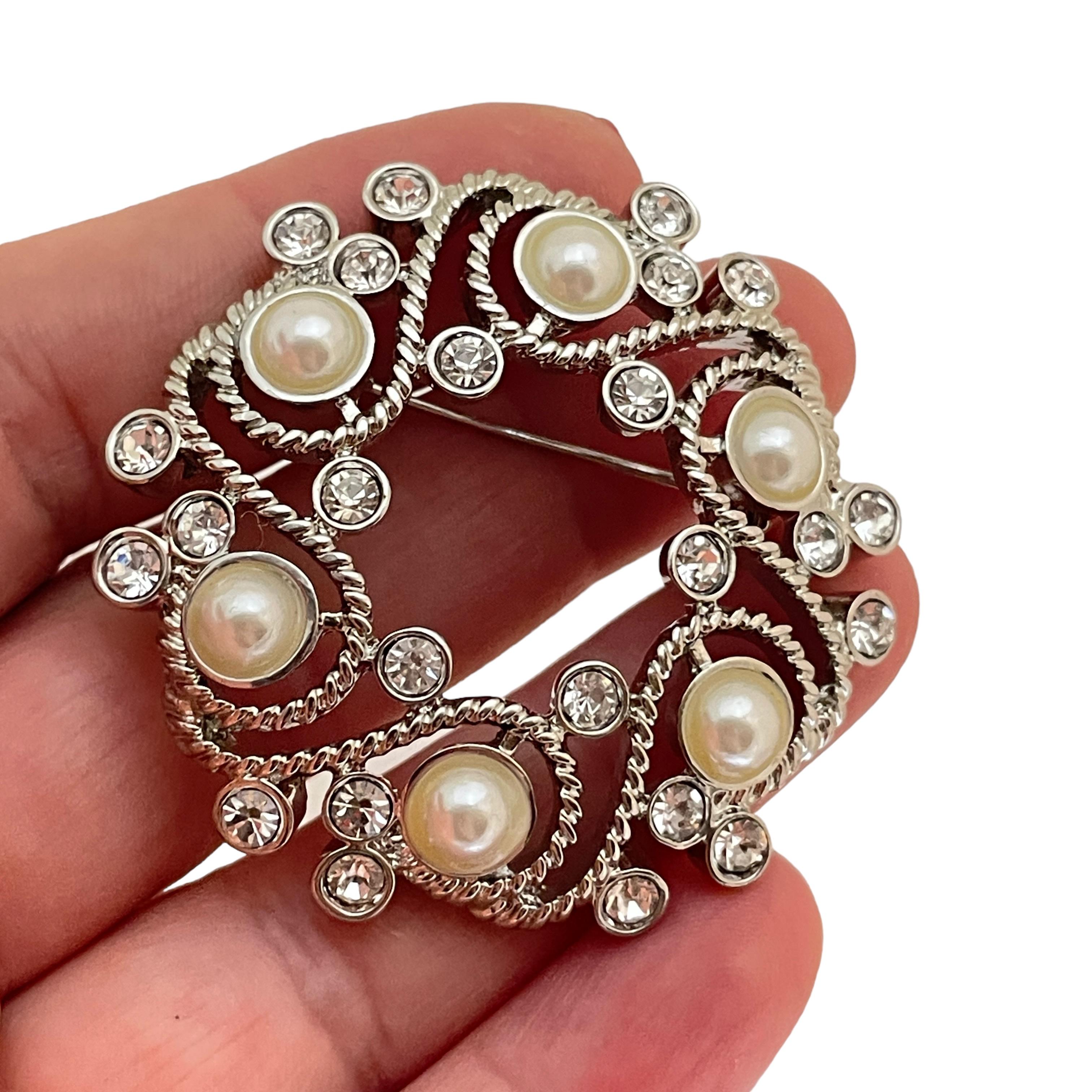 MONET signed vintage silver rhinestones pearls designer brooch For Sale ...