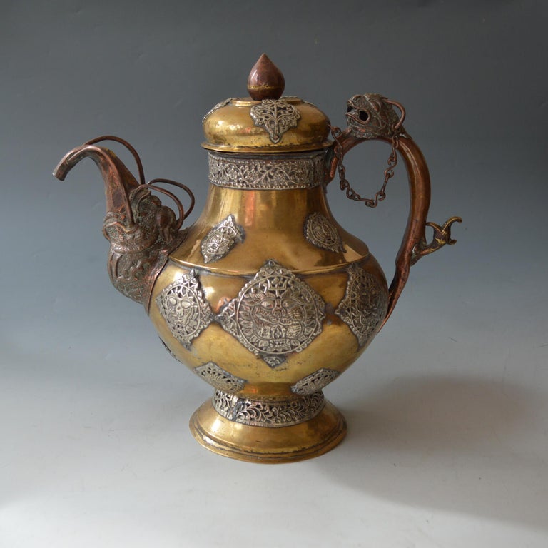 Mongolisches chinesisches antikes Kupfer-Messing Silber-Teekanne ...