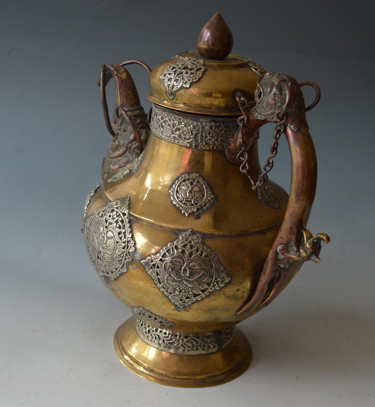 Mongolisches chinesisches antikes Kupfer-Messing Silber-Teekanne ...