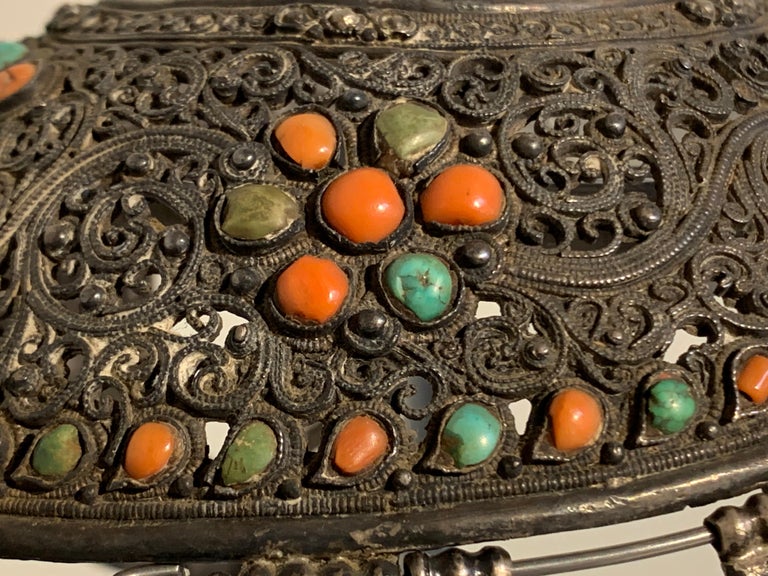 Mongolian Silver Crown Headdress with Inlaid Coral and Turquoise, 19th ...