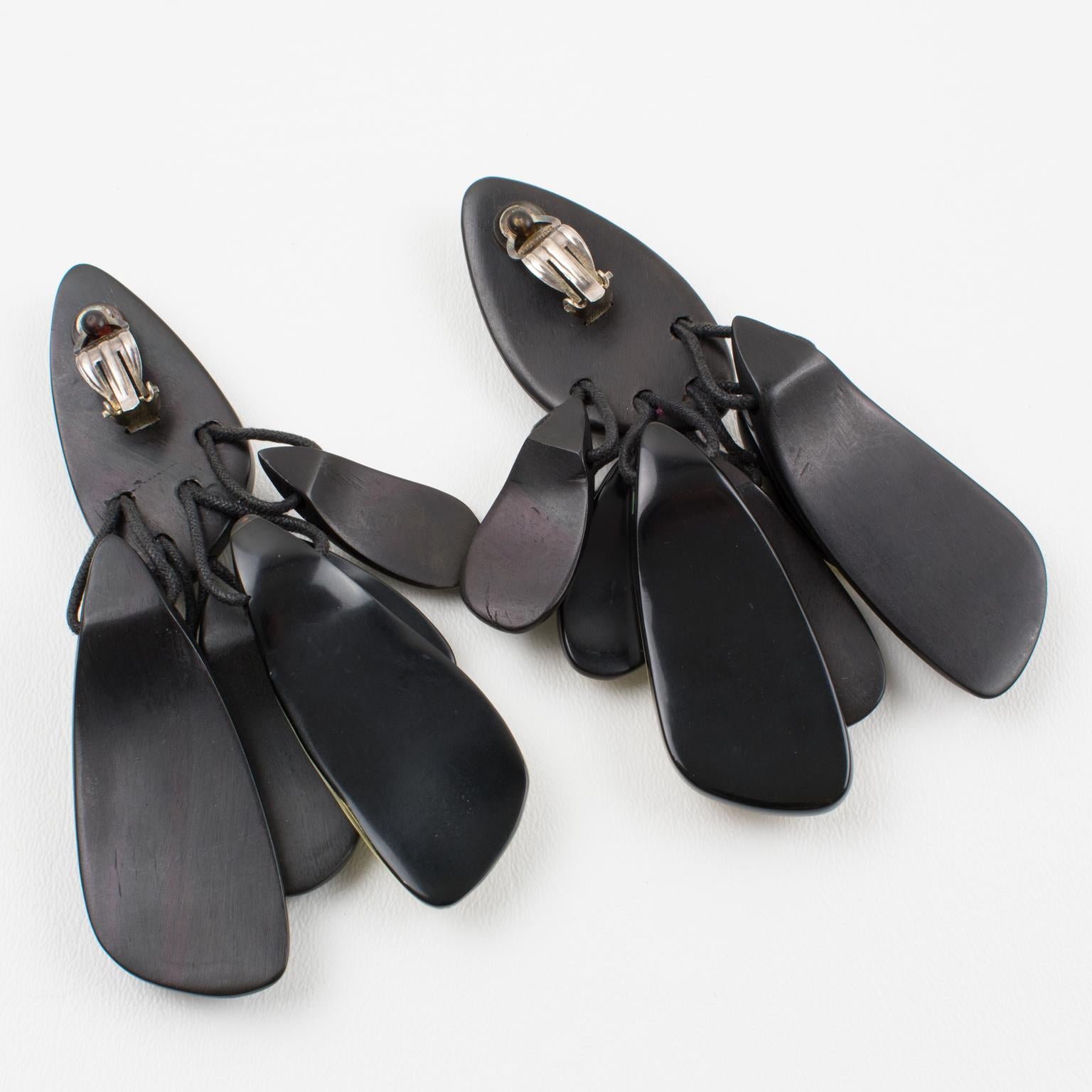 Monies Oversized Dangle Clip Earrings Wood and Pearlized Resin For Sale ...